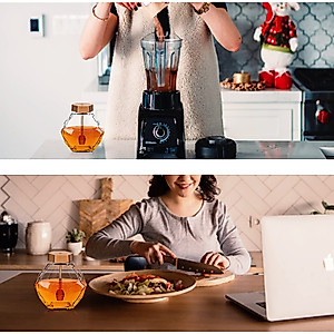 Bfttlity Honey Pot Jar Hexagon Shape Honey Pot Container 380ml Glass Honey Jar with Dipper and Lid Cover for Home Kitchen (Wooden lid)