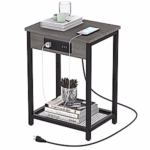 Nightstand with Charging Station Bedroom End Side Table with USB Ports and outlets Modern Record Player Stand 2-Tier Bedside Table for Living Room Farmhouse Furniture, Dark Grey