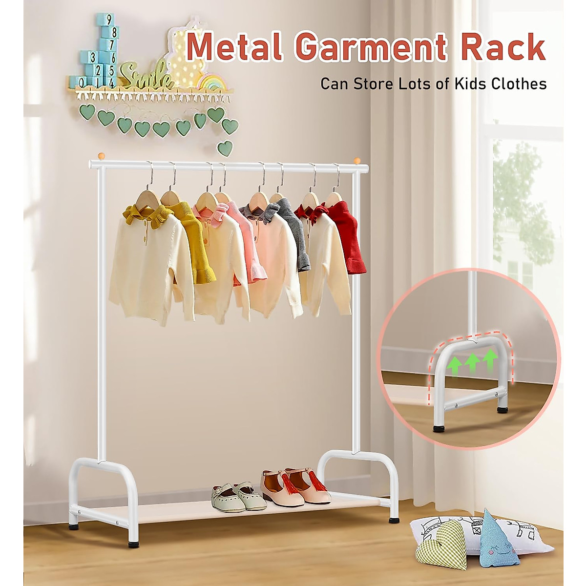 SLEEPING LAMB Kids Clothing Rack, Small Baby Clothes Rack with Bottom Storage Shelf, Kids Dress Up Rack Storage for Coats, Dance Costume Garment Rack for Hanging Clothes, White