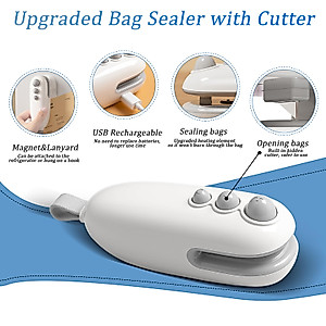 Mini Bag Sealer, 2 in 1 Chip Bag Sealer with Cutter, Rechargeable Bag Sealer Heat Seal, Portable Resealer Machine for Plastic Bags Food Storage Snacks Freshness (White,1pack)