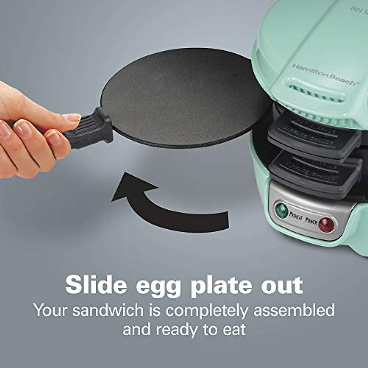 Hamilton Beach Breakfast Sandwich Maker with Egg Cooker Ring, Customize Ingredients, Perfect for English Muffins, Croissants, Mini Waffles, Dorm Room Essentials, Mint (25482)