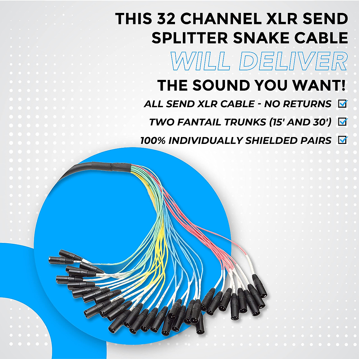 Seismic Audio - New 32 Channel XLR Send Splitter Snake Cable with Box - Two Trunks 15' and 30' Fantails - Pro Audio Stage, Studio, Road Split Y Extension Cables