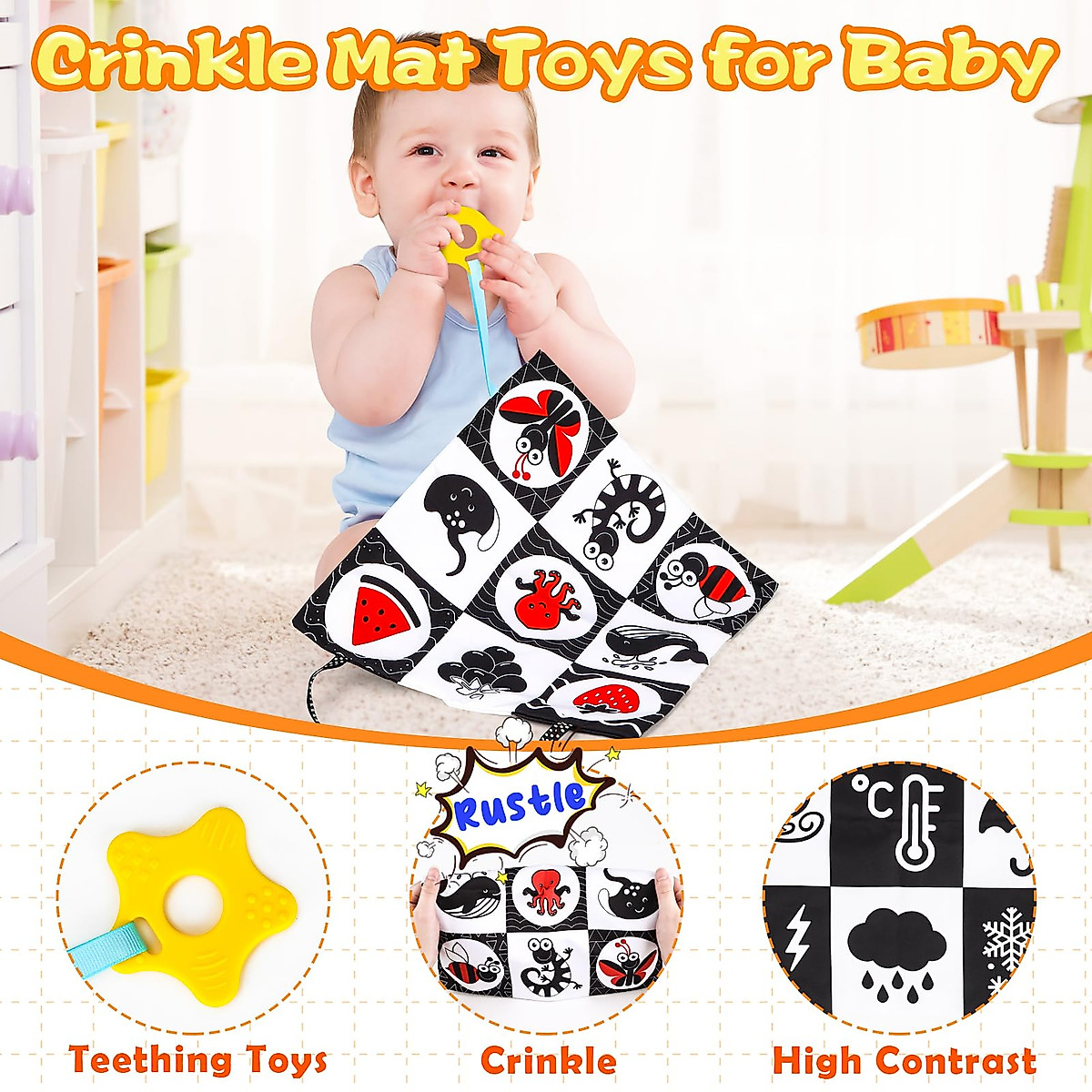 Black and White High Contrast Baby Toys 0-6 Months Montessori Tummy Time Toys Sensory Crinkle Toys for Baby Newborn Infant 0-3 3-6 Months Soft Cloth Books Carseat Toys for Baby Boy Girl Gifts