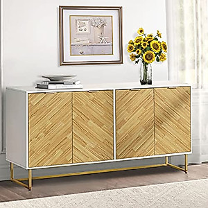 White Buffet Cabinet with Storage, 55’’ Kitchen Buffet Storage Cabinet with 4 Doors, White Sideboards and Buffets, Modern Sideboards Storage Cabinet with Gold Metal Legs, Credenzas for Living Room