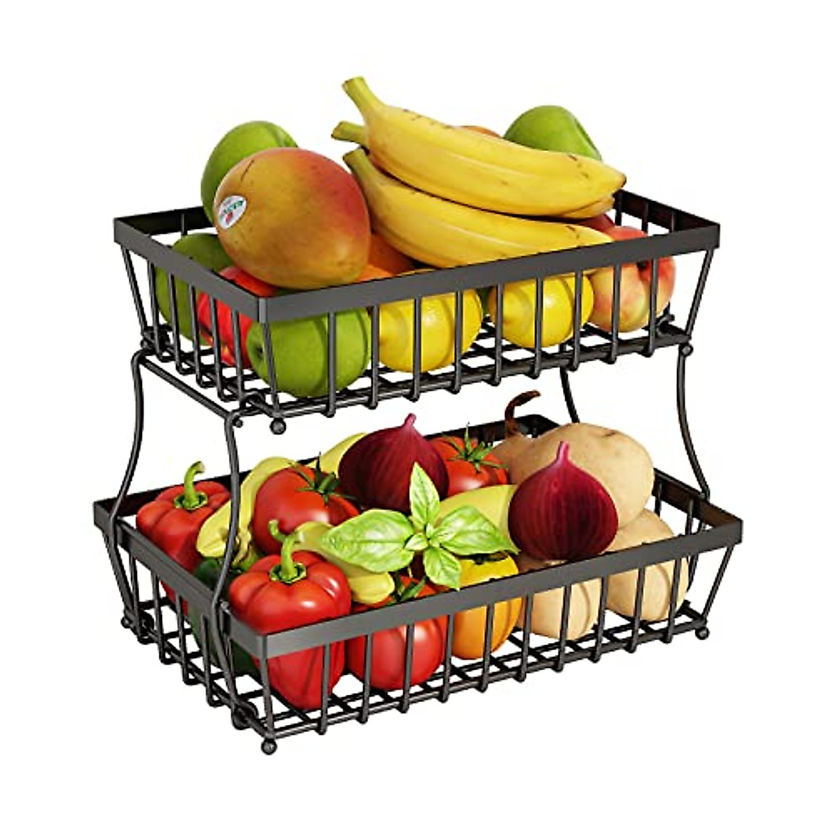 GILLAS 2 Tier Fruit Basket Countertop for Kitchen, Vegetable Bread Basket Fruit Bowl Storage Stand Detachable Metal Rectangular Wire Basket Black Medium