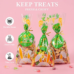 Artby7 50 Pack Easter Cellophane Bags, 5''x10.5'' Easter Treat Bags with Gold Twist Ties, Plastic Clear Cello Bags for Candy Goodie Easter Party Favor Supply Decoration