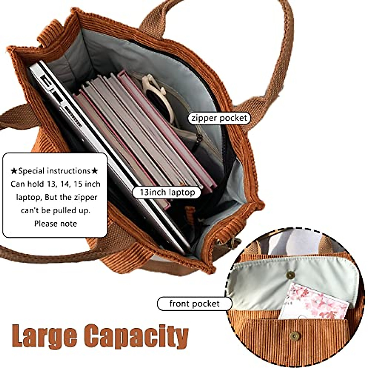 SUNAVY Women Corduroy Tote Bag, Girls Casual Shoulder Handbags Large Capacity with Zipper and Outer Pocket for School Library Travel (Brown)