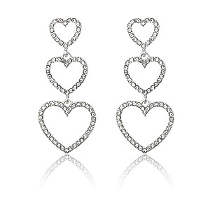 RareLove Bling CZ Crystal Interlocking Three Heart Hollow Dangle Stud Piercing Earrings For Women Silver Plated Alloy Valentines Gift For Her