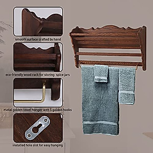 Wooden Rustic Floating Shelf, Wood Floating Shelf with Towel Holder and 5 Hooks, Farmhouse Wall Shelf for Dishes Books Mail Bill, Entryway Floating Shelf for Kitchen Bedroom Nursery Bathroom