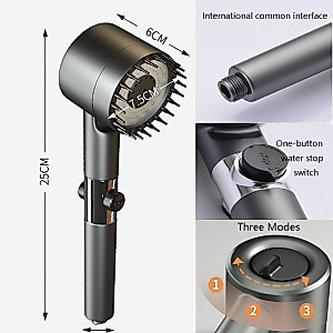 Handheld Shower Head with Filter, High Pressure 3 Spray Mode Showerhead with Switch, High Pressure Shower Head with Brush for Massaging The Scalp-International 4-Point Interface.