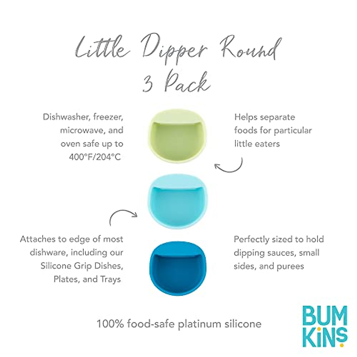 Bumkins Baby Silicone Little Dippers for Baby Bowls, Sauce Dish, Attaches to Dishes and Plates, Holds Dip and Sauce, Baby Led Weaning for Babies 6 Months (3-Pack)