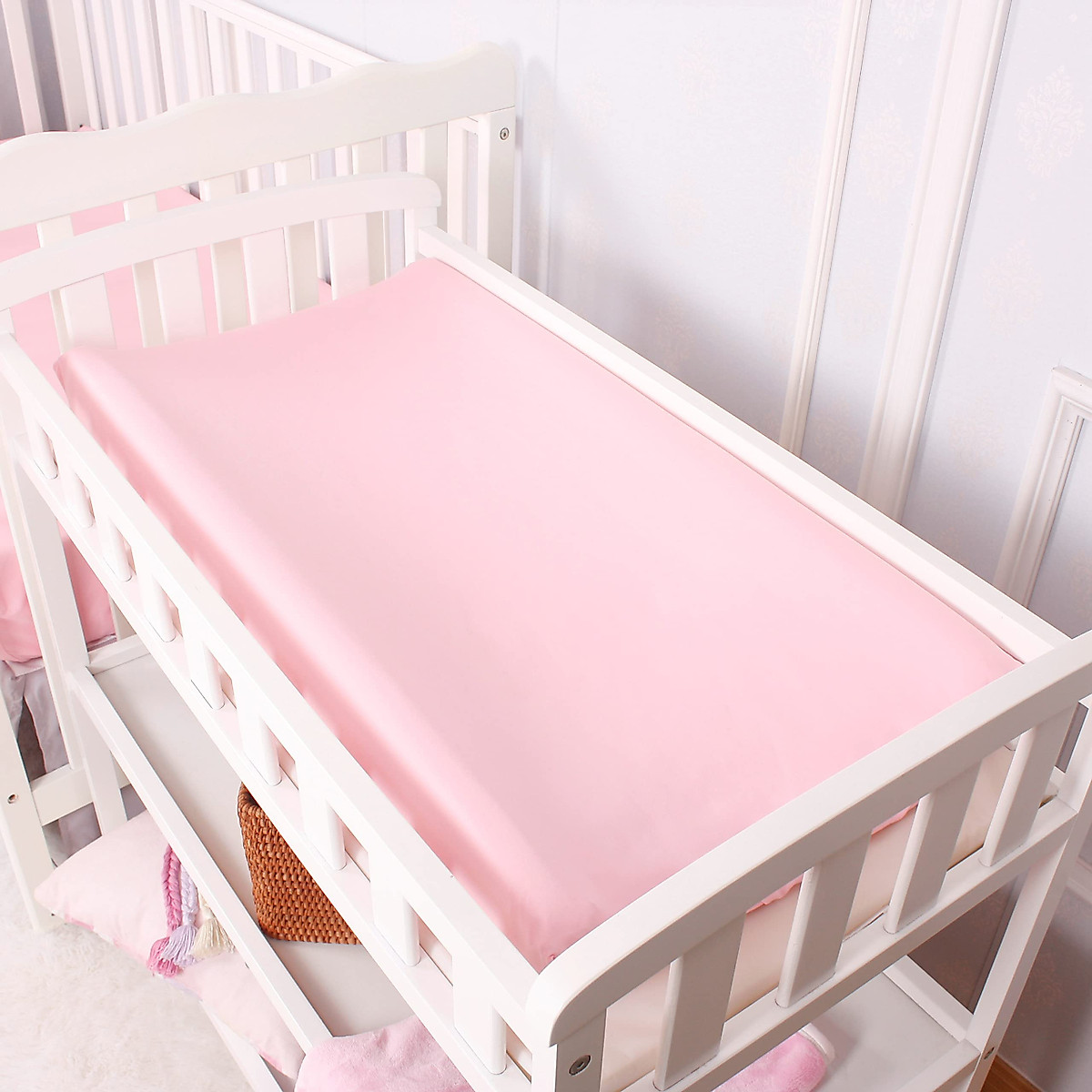 CaSaJa Pink Diaper Changing Pad Cover with Strap Holes Set of 3, Snug Fit 4-Sided Contoured Changing Table Pad 16x31 16x32, Fitted Change Pad Sheet for Baby Girl, 100% Silky Soft Microfiber