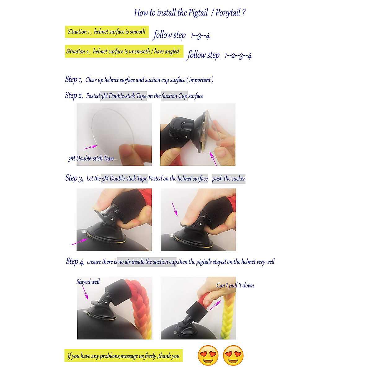 3T-SISTER Helmet Pigtails Helmet Braids Ponytail Helmet Hair with Suction Cup for Motor Bike 1PCS 24inch Ombre Blonde to Blue (Helmet not Included)