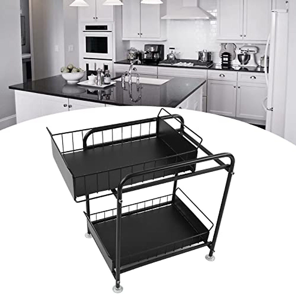 Oumefar Under Sink Organizer  , Anti Rust Pull Out Mesh Basket Stable 2 Tier Stackable Multi Use with Sliding Drawer for Kitchen