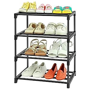HITHIM 4-Tier Free Standing Shoe Racks, Small Shoe Rack for 6-8 Pairs Shoe Storage,Kids Shoe Racks for Small Place,Lightweight Stackable Shoe Shelf Organizer for Entryway, Doorway and Closet,Black