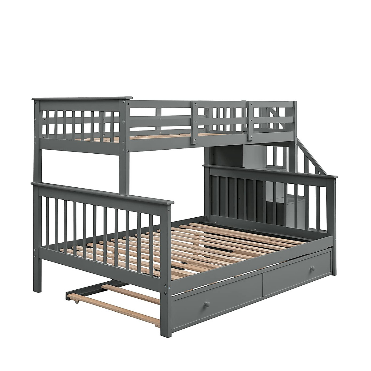 Twin Over Full Bunk Bed with Stairs and Trundle Wood Stairway Bunk Beds with Storage Shelf for Kids Boys Girls Teens, Gray