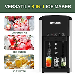 HEYNEMO Nugget Ice Maker Countertop, 3 in 1 Ice Dispenser for Ice Making, Ice Crushing & Ice Water, Water Cooler, 44lbs in 24Hrs, 12 Ice Cubes in 6 Mins, Ideal for Home, Kitchen, RV