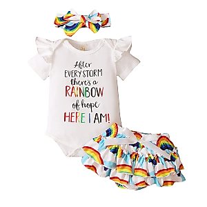 Infant Newborn Baby Girl Outfits Ruffle Letter Print Short Sleeve Romper Rainbow Skirts Set Floral Summer Clothes 3Pcs (White, 0-3M, 0_Month), 0-3 Months