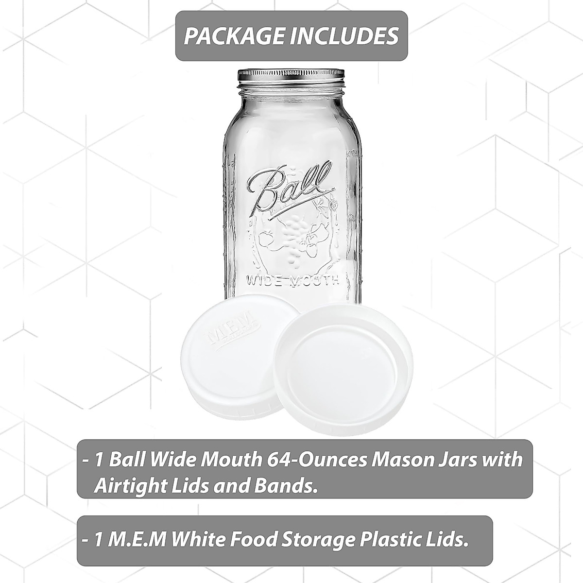 Wide Mouth Mason Jar 64 oz - (1 Pack) - Ball Wide Mouth 64-Ounces Half Gallon Mason Jar with White M.E.M Food Storage Plastic Lid. For Storage, Freezing, Leak Proof, Microwave & Diswasher Safe