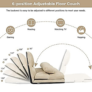 KOMFOTT Adjustable Floor Sofa Bed, Foldable Lazy Sofa Sleeper Bed with 6 Position Backrest & 2 Pillows, Convertible Futon Couch Bed with Suede Cloth Cover, Lounge Recliner for Living Room