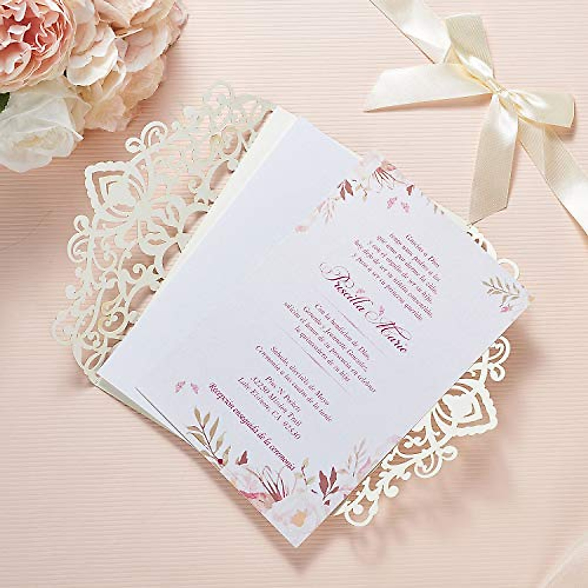 AdasBridal 50Pcs Glitter Floral Laser Cut Wedding Invitation Cards with Envelope Blank Inner Sheet and Ribbon for Wedding Engagement Bridal Shower Party Invite(7.09 X 4.92inch, Gold)