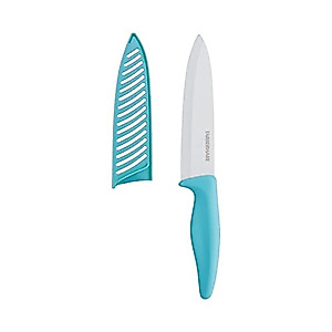 Farberware Ceramic Chef Knife with Custom-Fit Blade Cover, Razor-Sharp Kitchen Knife with Ergonomic Handle, Dishwasher-Safe, 6-inch, Aqua