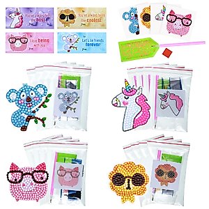 Marspark 16 Pieces Kids Valentine's Day Cards Painting Kits 5D DIY Beginner Animal Painting Stickers for Girls Boys School Classroom Exchange Gifts Craft Activity Party Favors, 4 Styles