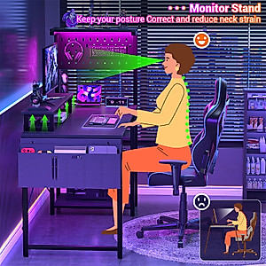 Homieasy Gaming Desk with Power Outlets & Pegboard & Led Light, 43 Inch Computer Desk with Reversible Storage Shelves & Side Storage Bag, PC Gamer Desk with Hutch & Monitor Stand, Carbon Fiber Black