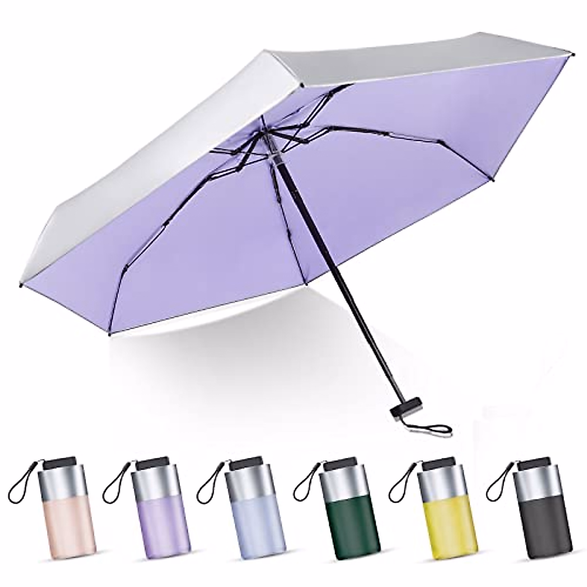 LEAGERA Mini Umbrella For Purse - UPF 50+ UV Blocker Umbrella, Small Lightweight Travel Umbrella Compact Sun Umbrella, Women Kids Parasol Umbrellas, Silver&Purple