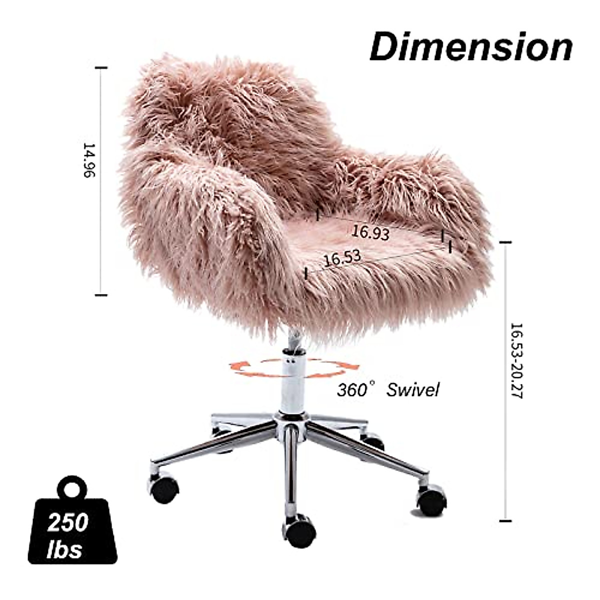 SSLine Desk Chair Faux Fur Task Chair,Modern Cute Accent Armchair Office Chair,Comfy Fuzzy Swivel Makeup Stool Desk Chair with Wheels for Living Room/Bedroom/Dressing Room,Pink