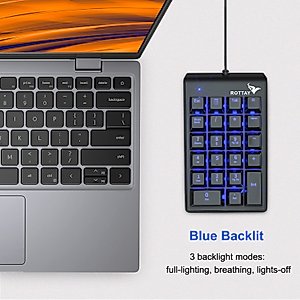 Rottay Number Pad, Mechanical USB Wired Numeric Keypad with Blue LED Backlit 22 Key Numpad for Laptop Desktop Computer PC Black (Blue switches)