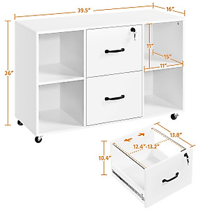 Yaheetech White File Cabinet Mobile Letter Size File Cabinet with 2 Drawers and 4 Open Storage Shelves Large Mobile Lateral Filing Cabinet Printer Stand for Home and Office