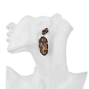 Nicole Miller New York Large Leopard Print Oblong Shaped Acrylic Black Beads Fashion Dangle Earrings