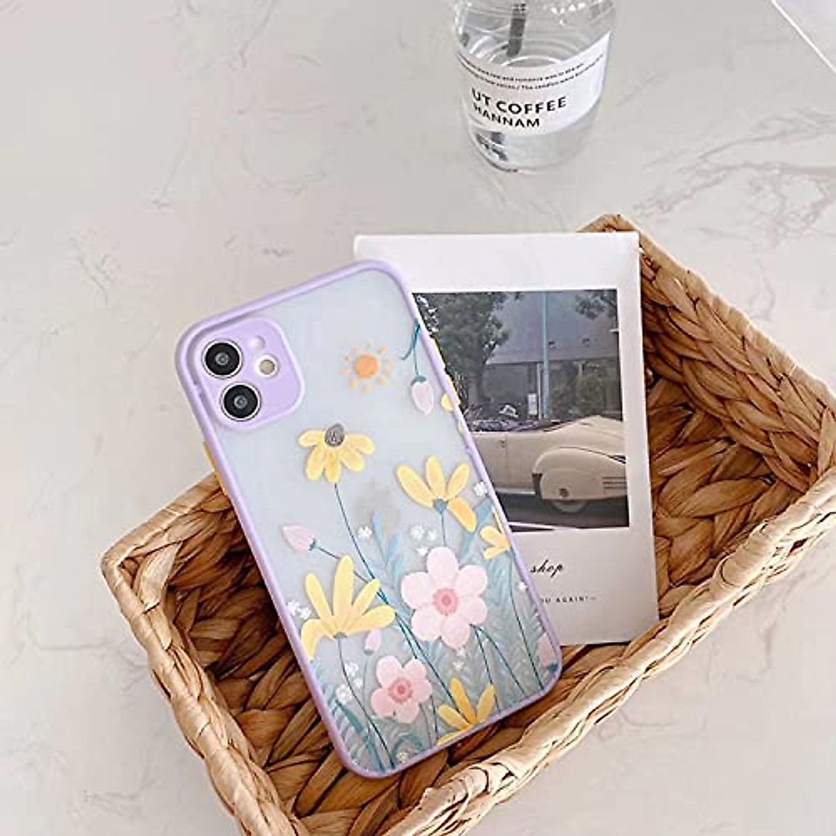 Ownest Compatible for iPhone 11 Case for Flower Clear Frosted PC Back Floral Girls Woman and Soft TPU Protective Silicone Slim Case for iPhone 11-Taro Purple