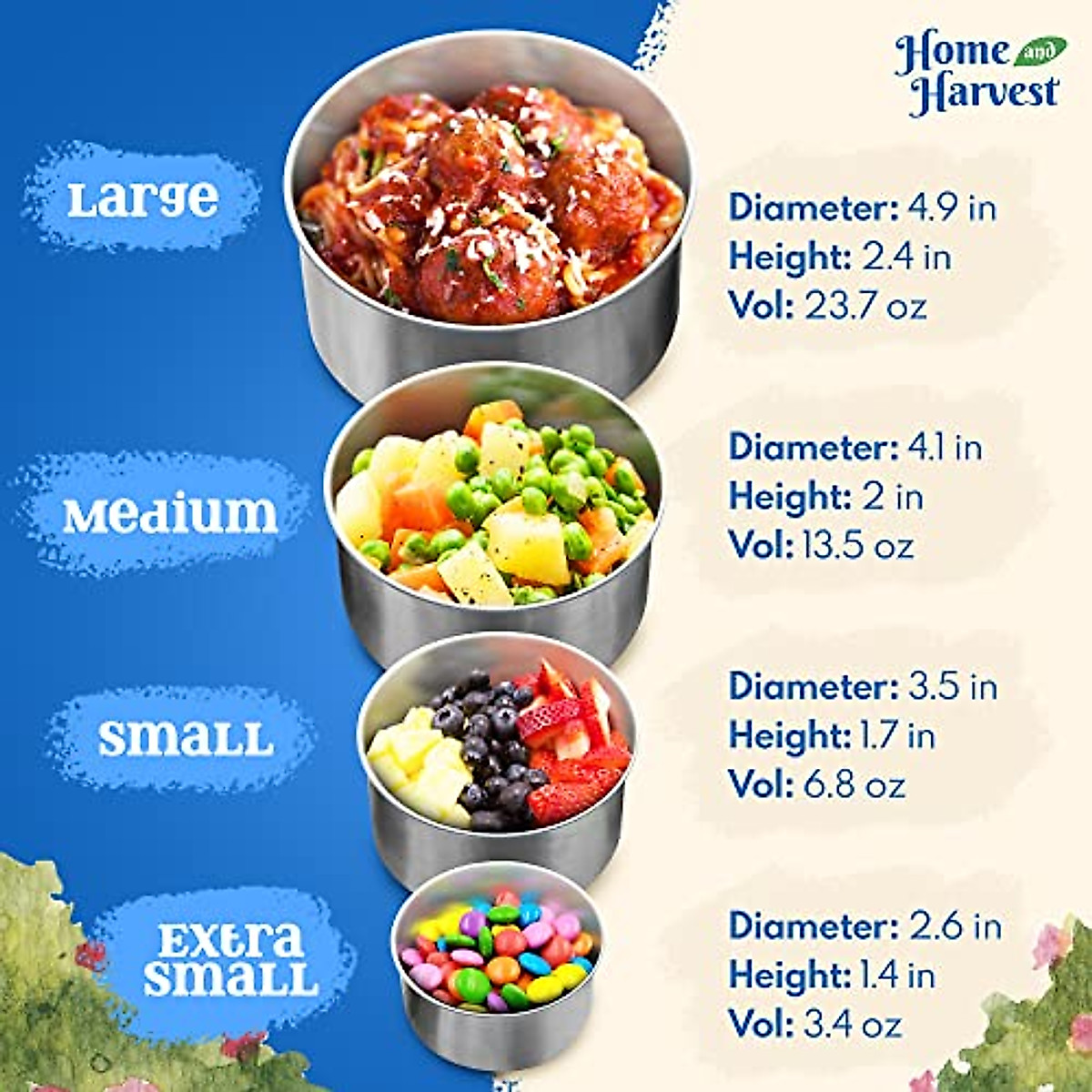 Home and Harvest Stainless Steel Lunch Box For Kids With Lids - Metal Snack Containers For Lunch Box 4 Pack