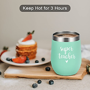 Super Teacher Stainless Steel Wine Tumbler, Christmas Birthday Appreciation Retirement Teacher’s Day Thank You Gifts for Teacher Tutor Professor Women, 12oz Insulated Wine Tumbler with Lid, Mint Green