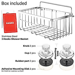 HASKO accessories Vacuum Suction Cup Shower Caddy | Deep Basket Organizer for Shampoo with Hooks | Adhesive 3M Stick Discs | Holder for Bathroom Storage | Polished Stainless Steel SS304