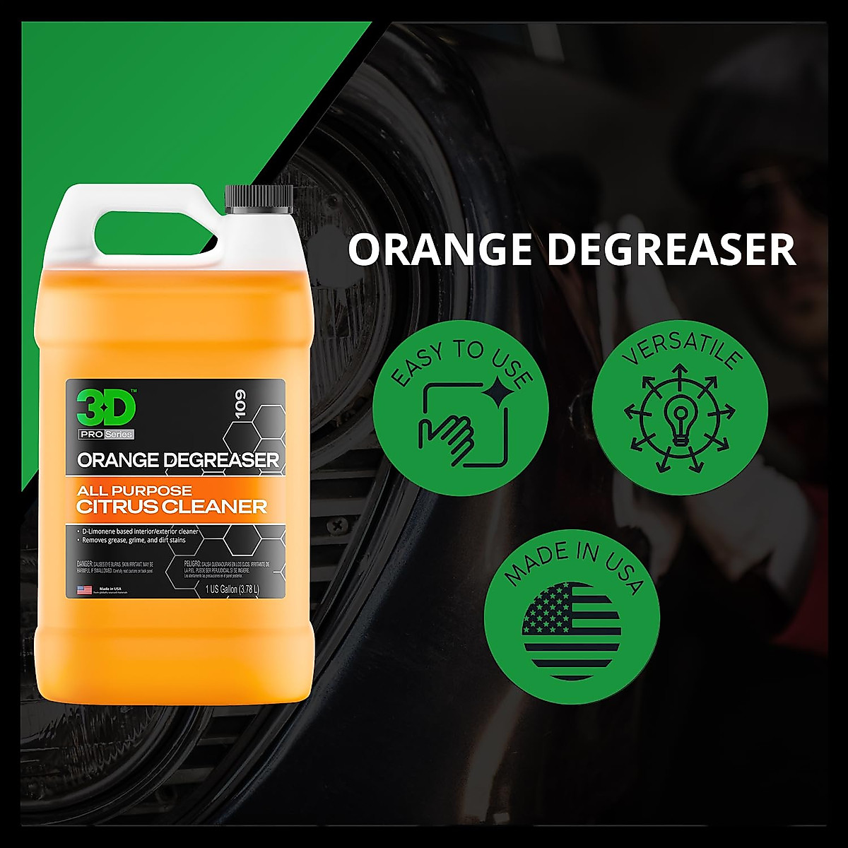 3D Orange Degreaser All Purpose Organic Citrus Cleaner - Multi Surface Interior & Exterior Use Degreaser & Cleaner Removes Clean Grease & Grime Residue on Plastic, Cloth, Vinyl, Metal, Leather, Carpet 1 Gallon