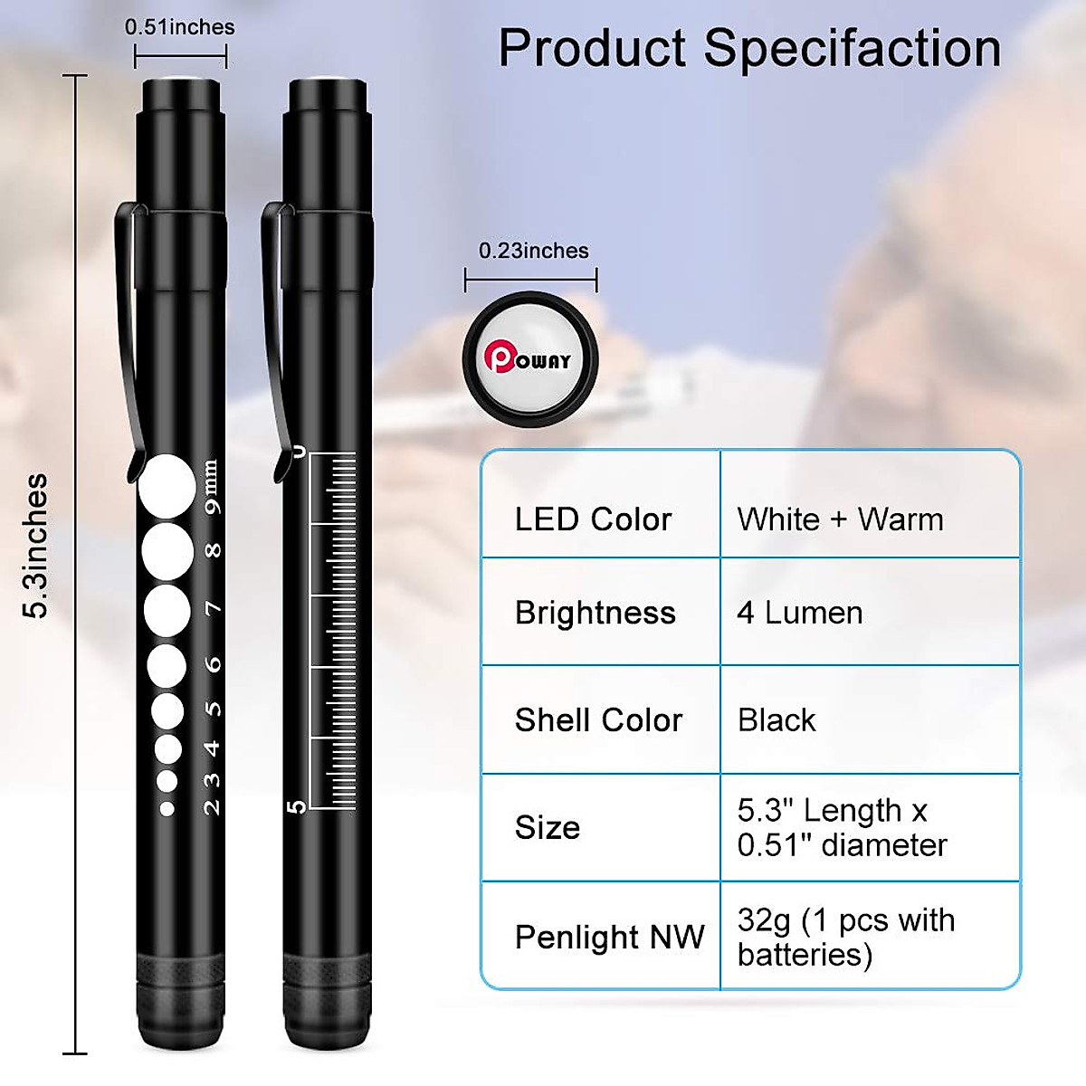 Opoway Pen Light Nurse Pen Light Medical Pen Lights with Pupil Gauge for Nurses Doctors Nursing Students 2pcs Black with Batteries(2 Replacement Warm Light Bulbs Included)