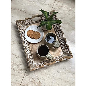 Gorgeous Birthday Housewarming Gift Ideas Handmade Decorative Designer Wood Serving Tray with Handles Ottoman Fruit Tray Breakfast Snack Food Coffee Tray Dining Kitchen Tableware 15 x 12 Inches