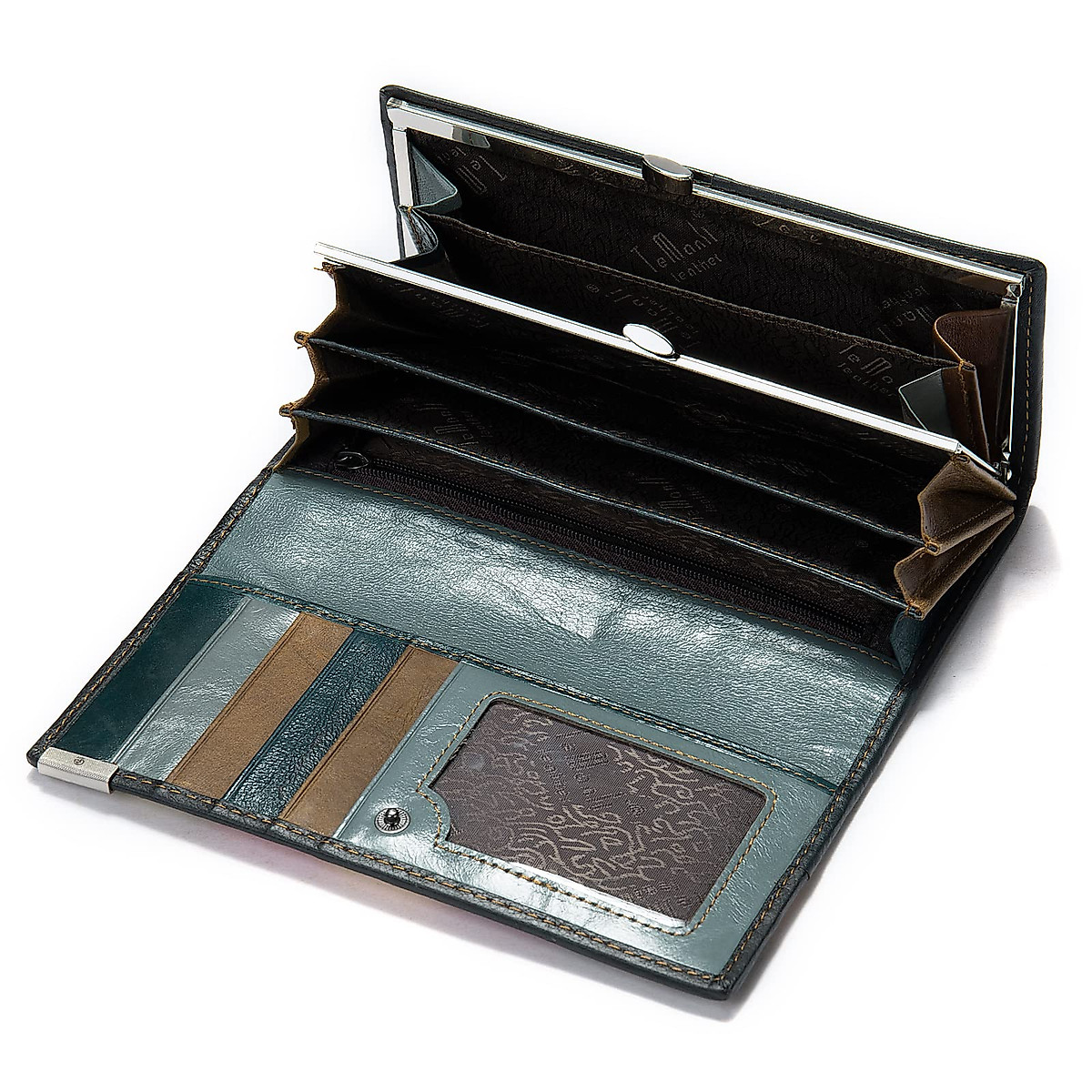 MASIWEI Genuine Leather Folded Wallet for Women Credit Card Holder RFID Blocking Cell Phone Pouch Patchwork Style (Rhombus-1)