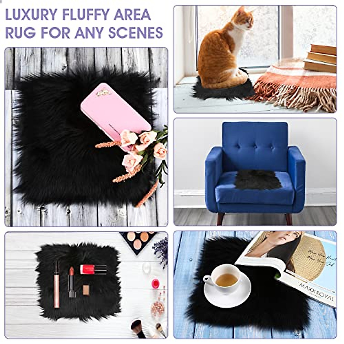 Molain 25 cm Fluffy Rug Faux Fur Carpet Baby Photoshoot Props Holder Small Mini Square Rugs for Bedroom Livingroom Photography Photo Under Nail Mat Table Locker Desk Chair Pad Cover (Black)