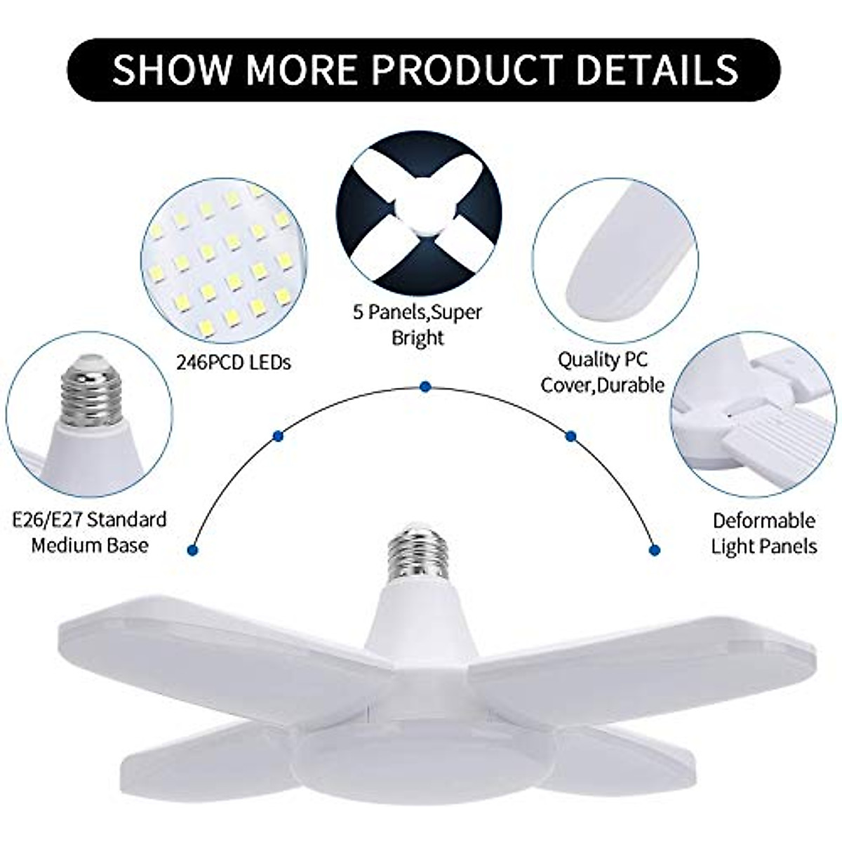 Maxziller 4 Pack 60W LED Garage Lights,6000LM Adjustable Garage Lights 110V LED Garage Lighting E26,Super Bright Garage Lights,6000k Nature White Garage Ceilling Light Including Extension Header