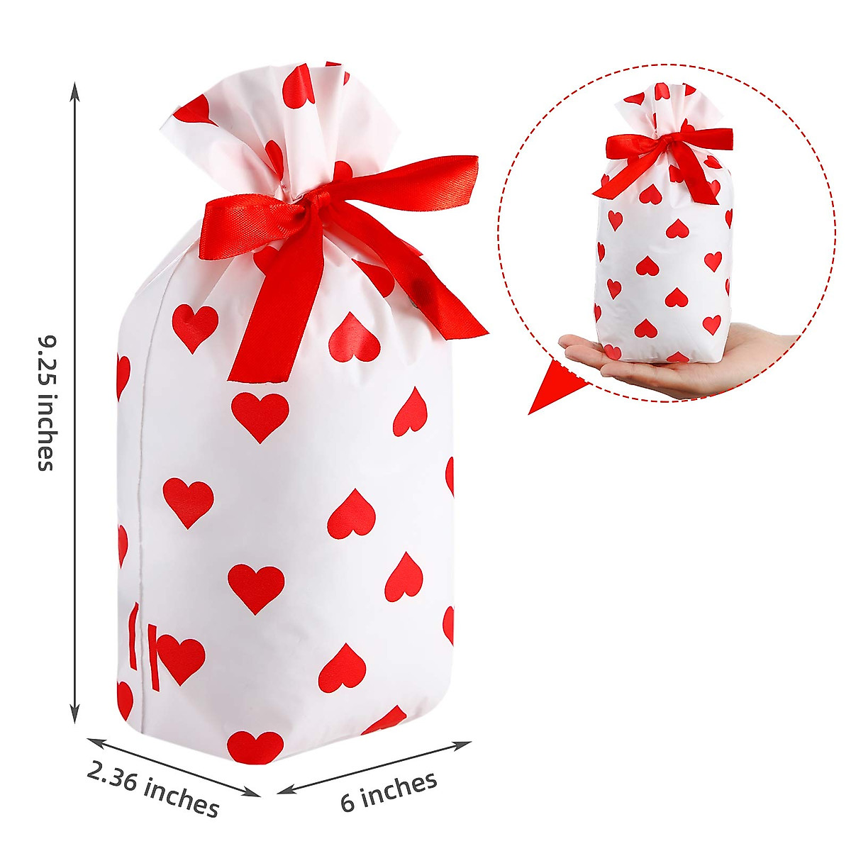 50 Pieces Treat Bags Valentines Day Cookie Goodies Bags Hearts Plastic Drawstring Candy Wrapping Bags for Wedding Party Bridal Engagement Favors, 5 Styles
