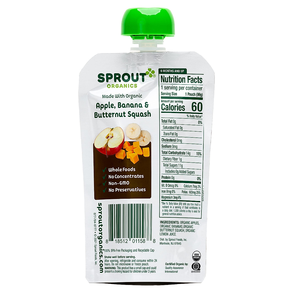 Sprout Organic Baby Food Pouches Stage 2, Organic Veggie and Fruit, Apple Banana Butternut Squash, 3.5 Ounce