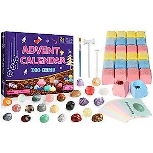 JELMOK Advent Calendar 2024, Gemstone Dig Kit, Valentines Day Cards for Kids,Dig up 24 Real Gems,24 Days Natural Crystal Countdown Calendar Educational Science Kits for Kids Boys Girls