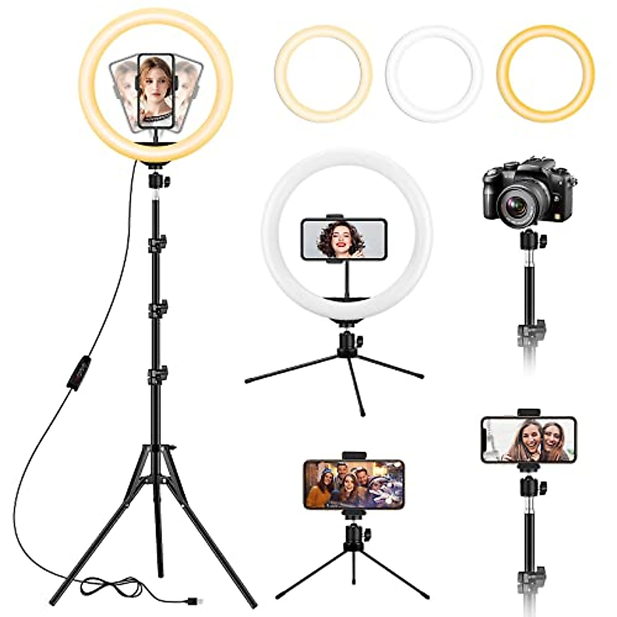 13 inch Ring Light with Floor Tripod and Desk Stand(Ringlight Kit Totally 74" Tall), LED Circle Light with Phone Holder, for Photo Selfie, Video Recording, Zoom Meeting