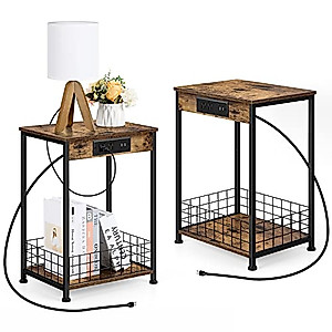smusei Nightstand Set of 2 Bedroom Small End Table with Charging Station for Small Spaces 2 Tier Farmhouse Night Stands Bedside Tables with Storage Basket for Living Room