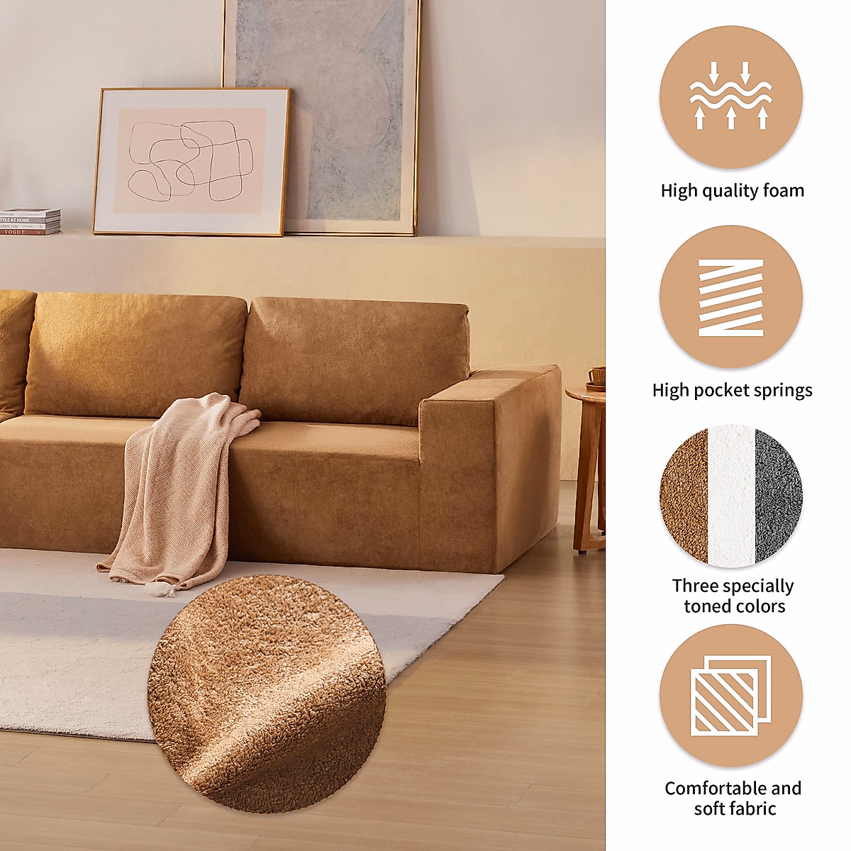 Merax 116" Modular Sectional Sofa, Luxury Floor Couch Set, Chenille Upholstered Indoor Furniture Foam-Filled Sleeper Bed for Living Room, Bedroom, 5 PC Free Combination, 5 Seats-L Shape, Brown