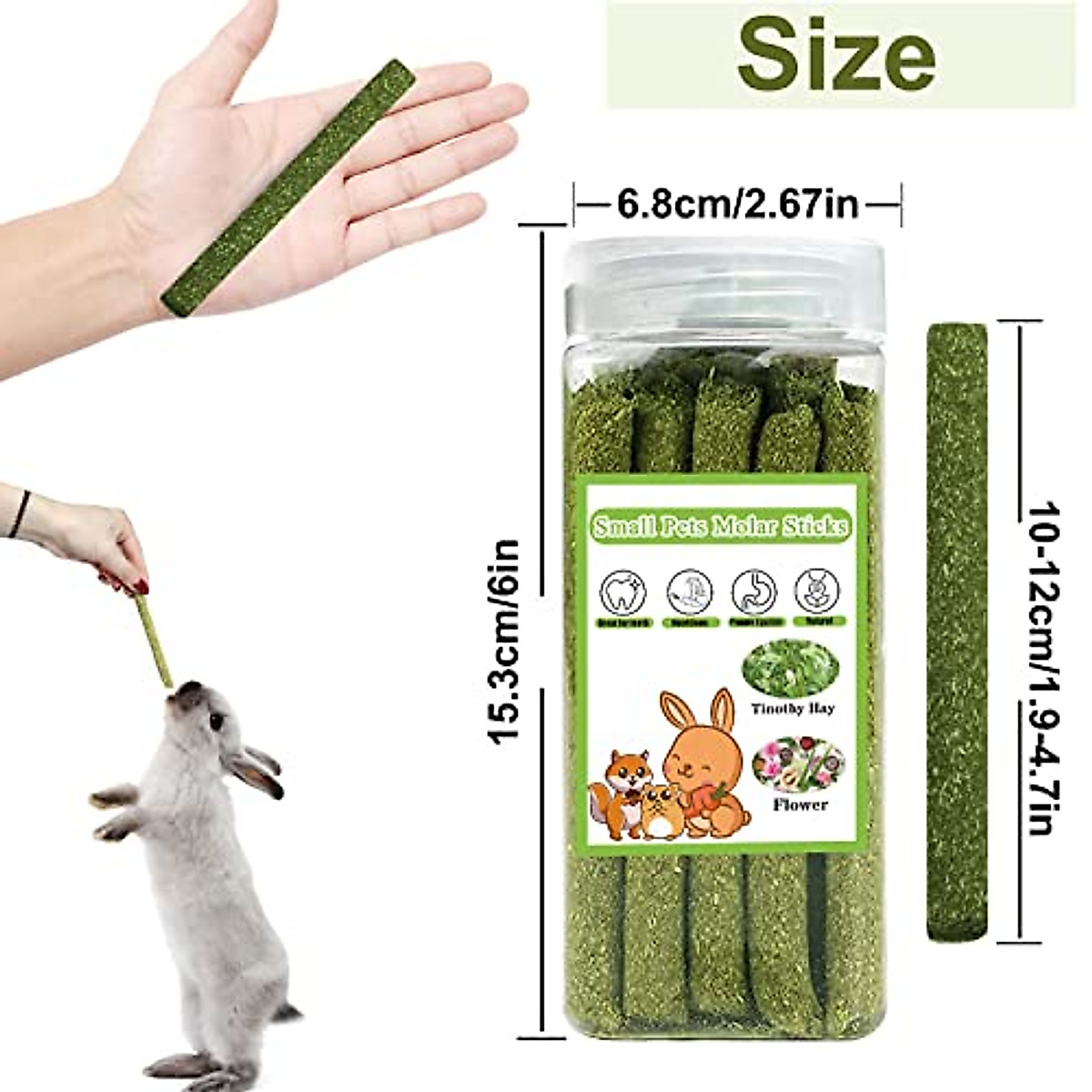 AKLHLKK 68PCS Rabbit Chew Toys, Natural Timothy Hay Sticks Guinea Pig Chews for Teeth Hamster Molar Treats Snacks Accessories for Bunny, Chinchillas, Rats, Gerbils and Other Small Animals